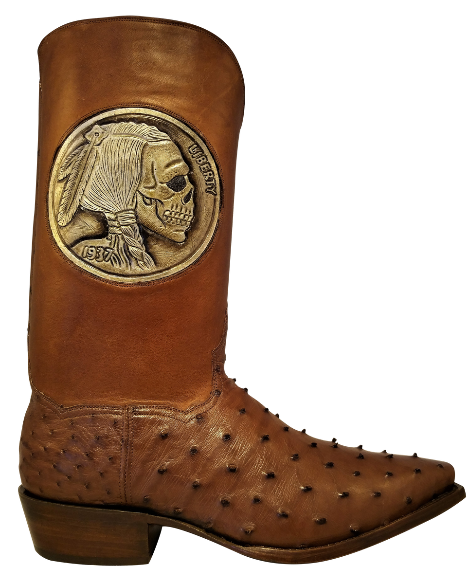 Genuine South African Ostrich w/ Handcarved Skeleton Buffalo Nickles